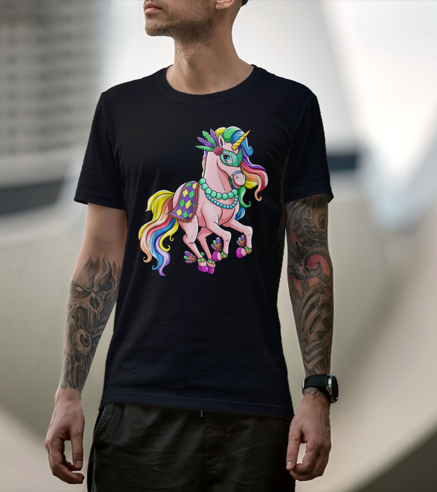 Kids Mardi Gras Unicorn With Colorful Mask And Beads T-Shirt