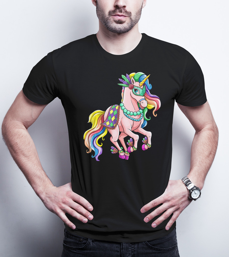 Kids Mardi Gras Unicorn With Colorful Mask And Beads T-Shirt