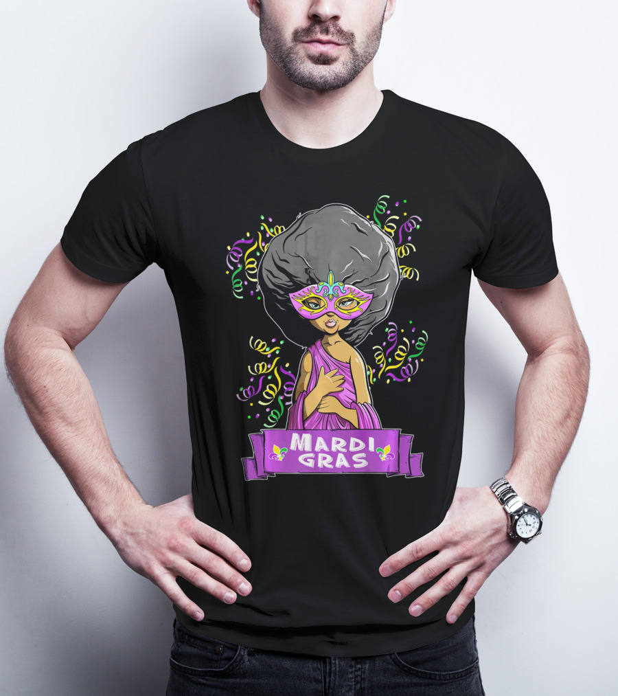 Mardi Gras Woman In Mask With Afro And Purple Dress T-Shirt
