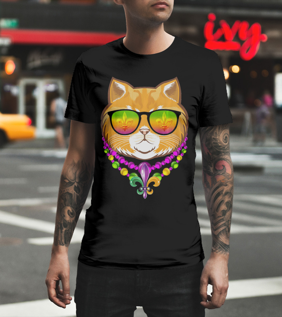 Mardi Gras Cat With Beads And Fleur-de-Lis Sunglasses T-Shirt