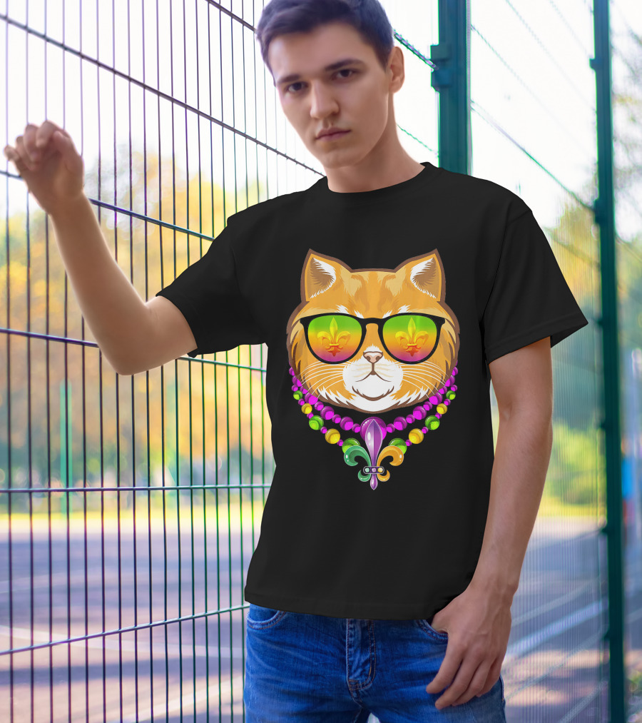 Mardi Gras Cat With Beads And Fleur-de-Lis Sunglasses T-Shirt