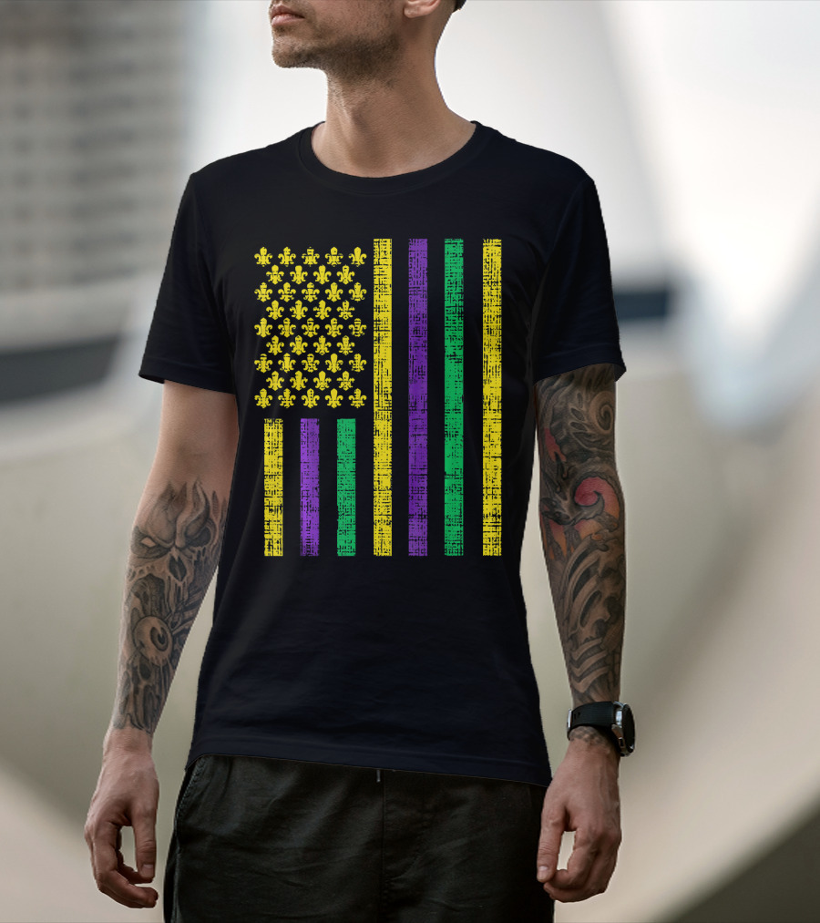Purple Green Yellow Fleur-de-Lis US Flag Jester T-Shirt
