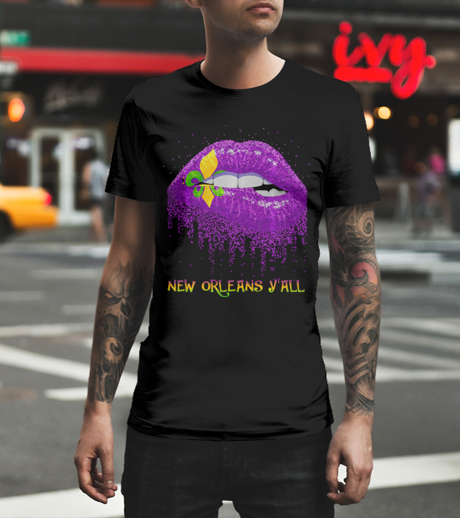 Fleur De Lys Purple Lips Biting New Orleans Y'all T-Shirt