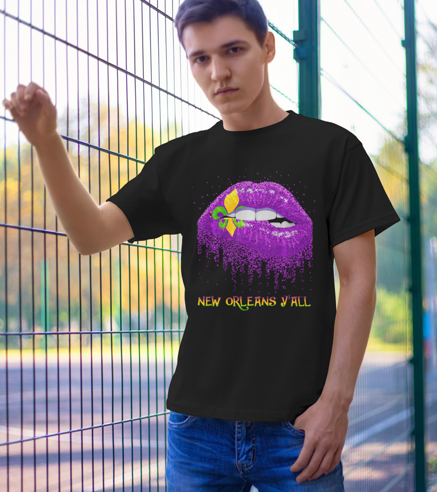 Fleur De Lys Purple Lips Biting New Orleans Y'all T-Shirt