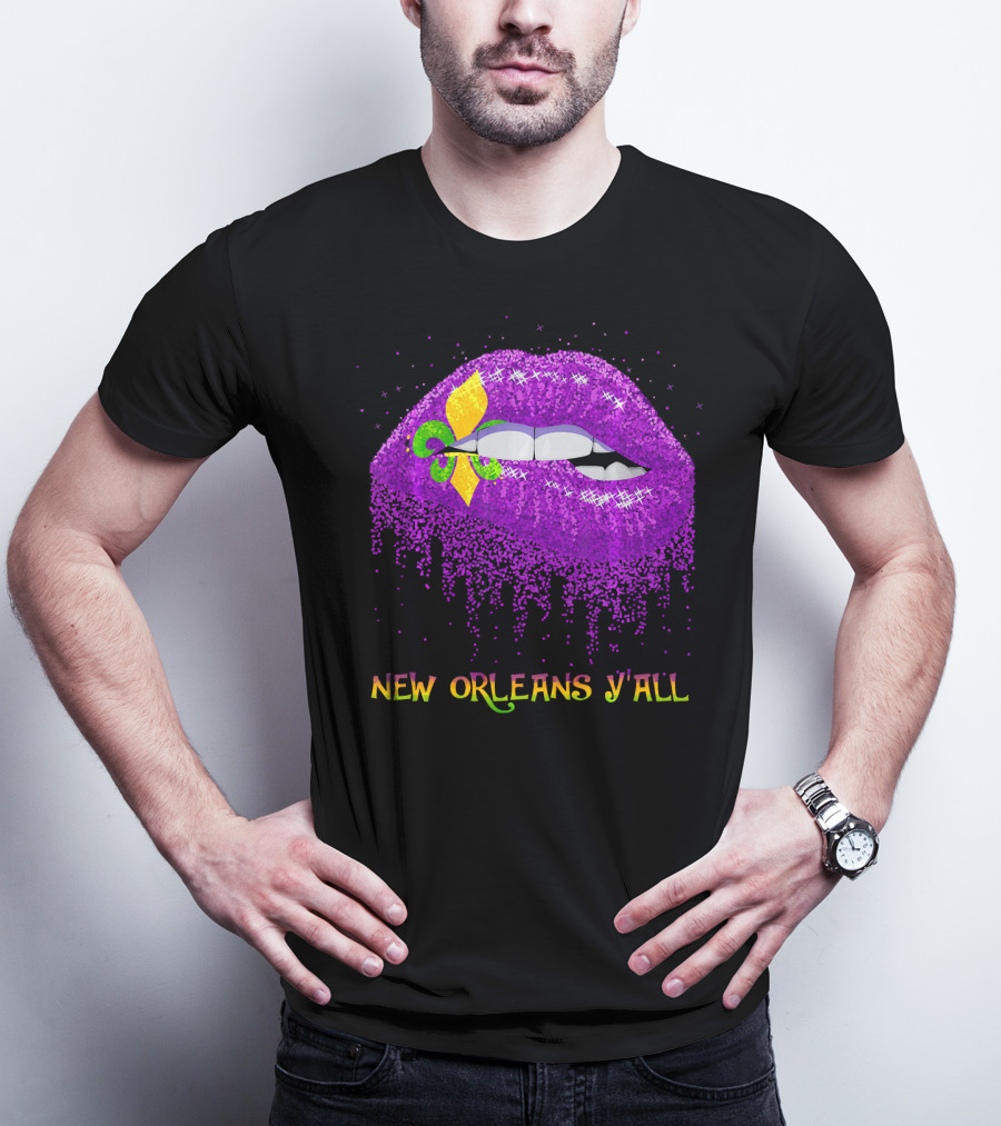 Fleur De Lys Purple Lips Biting New Orleans Y'all T-Shirt