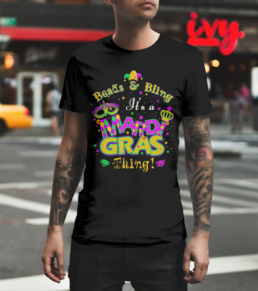 Beads And Bling It's A Mardi Gras Thing Mask Jester Crown Stars T-Shirt