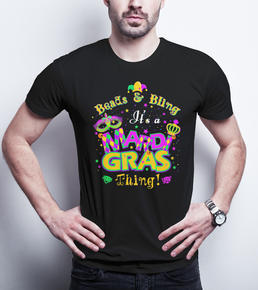 Beads And Bling It's A Mardi Gras Thing Mask Jester Crown Stars T-Shirt