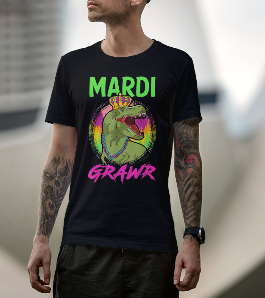 Mardi Grawr Rex Dinosaur In Beads And Crown With Rainbow Sunset T-Shirt