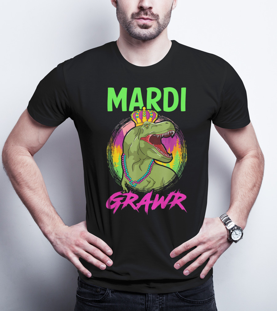 Mardi Grawr Rex Dinosaur In Beads And Crown With Rainbow Sunset T-Shirt