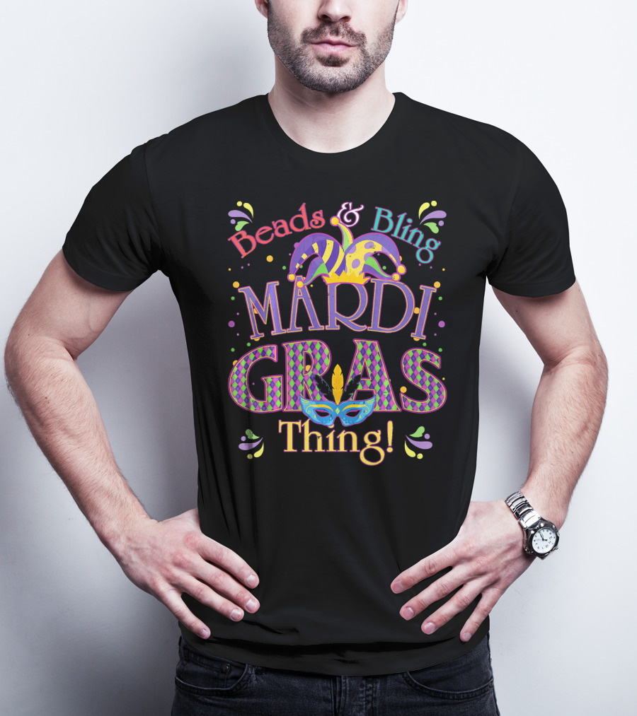 Beads And Bling Mardi Gras Thing Jester Hat Mask Confetti T-Shirt