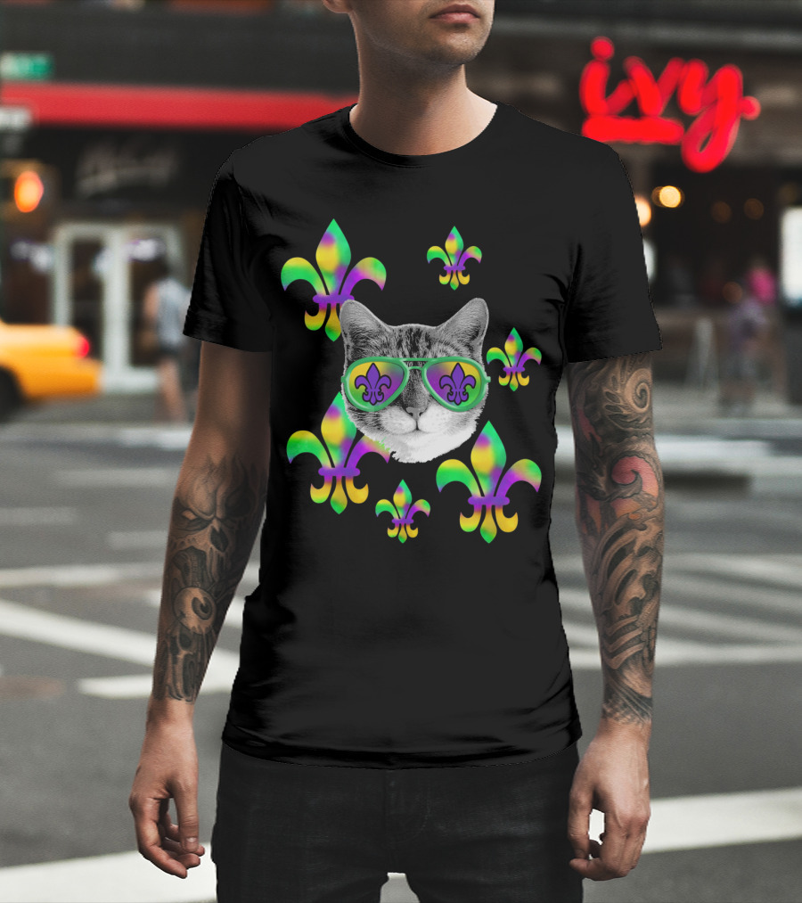 Mardi Gras Cat Wearing Tie Dye Fleur De Lis Sunglasses T-Shirt