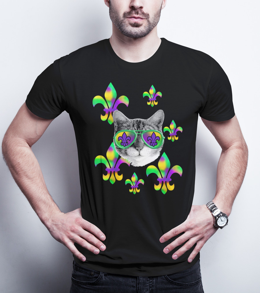 Mardi Gras Cat Wearing Tie Dye Fleur De Lis Sunglasses T-Shirt