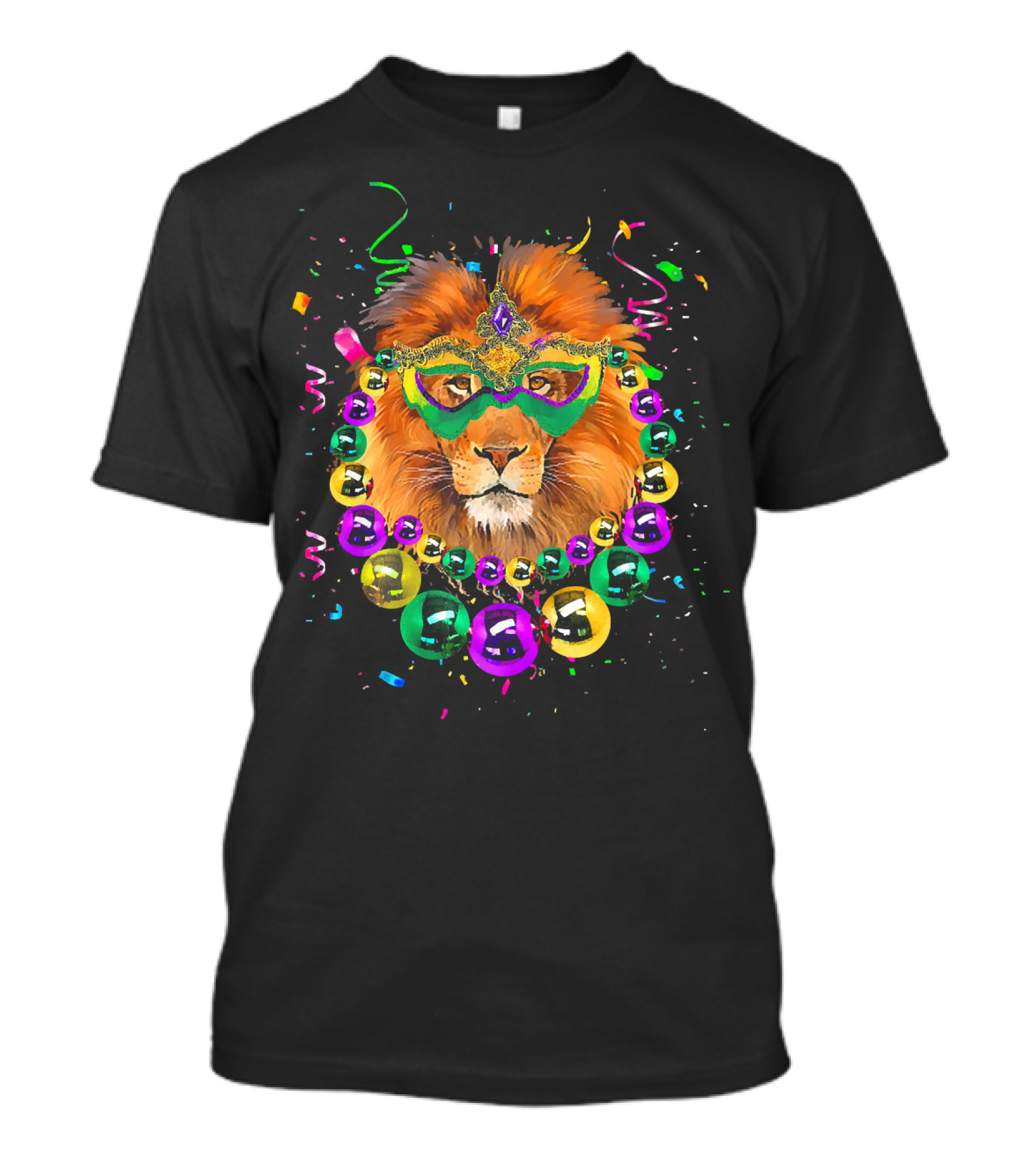 Mask And Beads Lion Mardi Gras Celebration With Colorful Confetti And Streamers T-Shirt