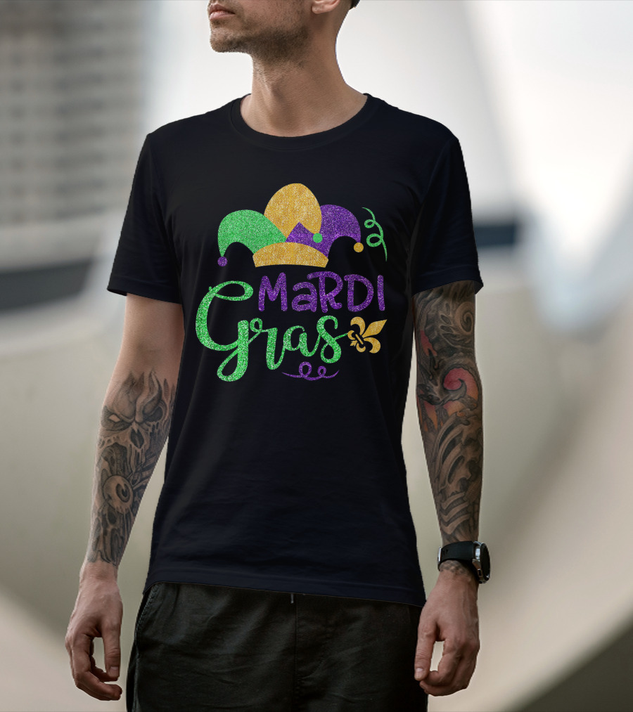 Mardi Gras Jester Hat Glitter Design Fleur-de-Lis T-Shirt