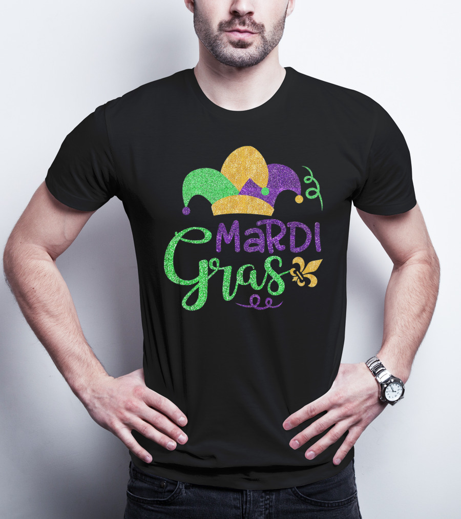 Mardi Gras Jester Hat Glitter Design Fleur-de-Lis T-Shirt