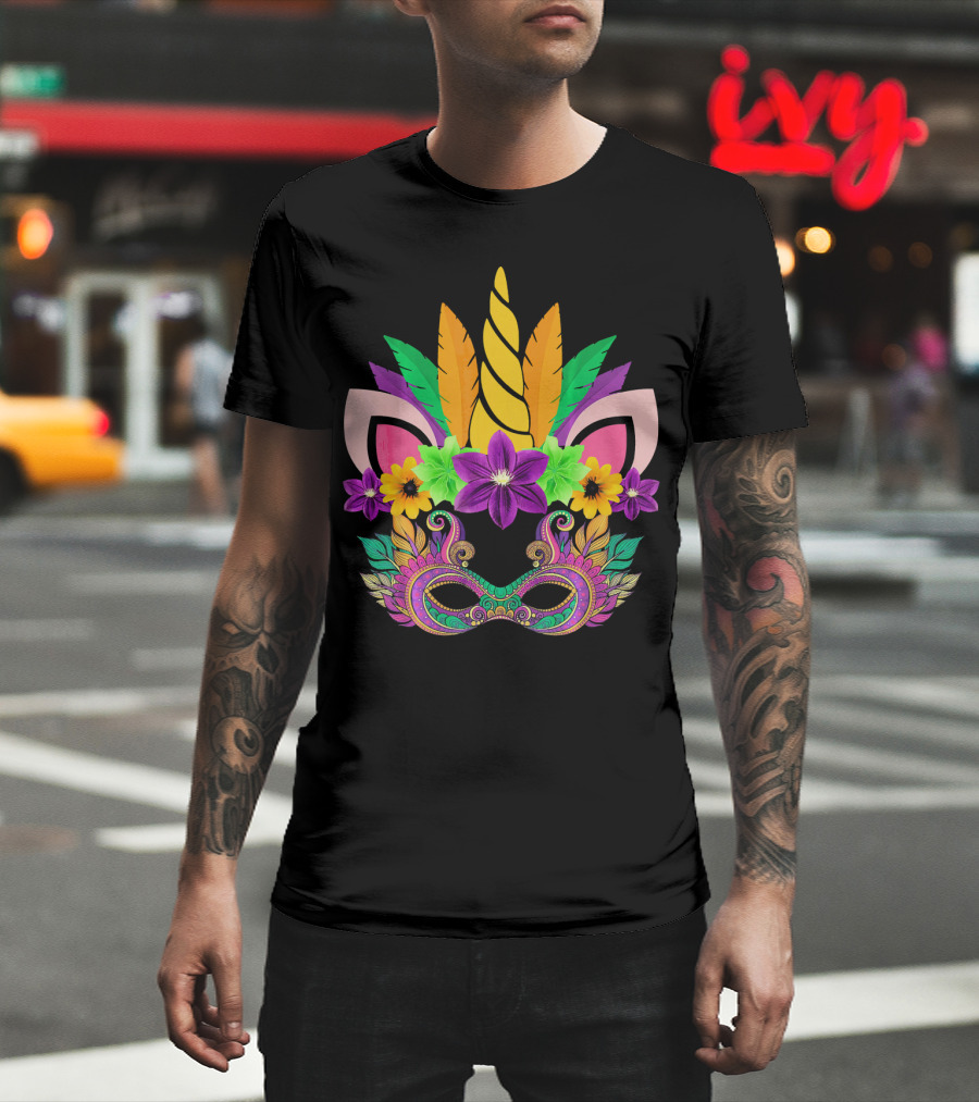 Mardi Gras Unicorn Mask With Flowers And Feathers T-Shirt