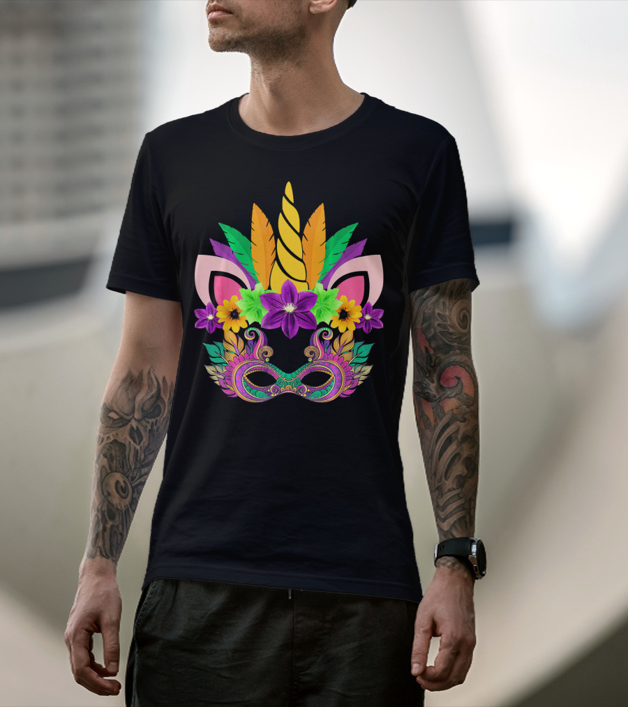 Mardi Gras Unicorn Mask With Flowers And Feathers T-Shirt