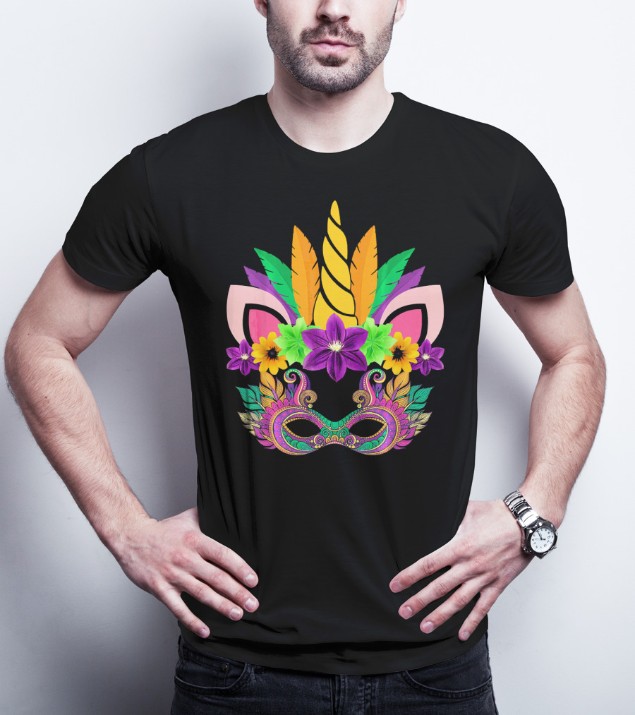 Mardi Gras Unicorn Mask With Flowers And Feathers T-Shirt