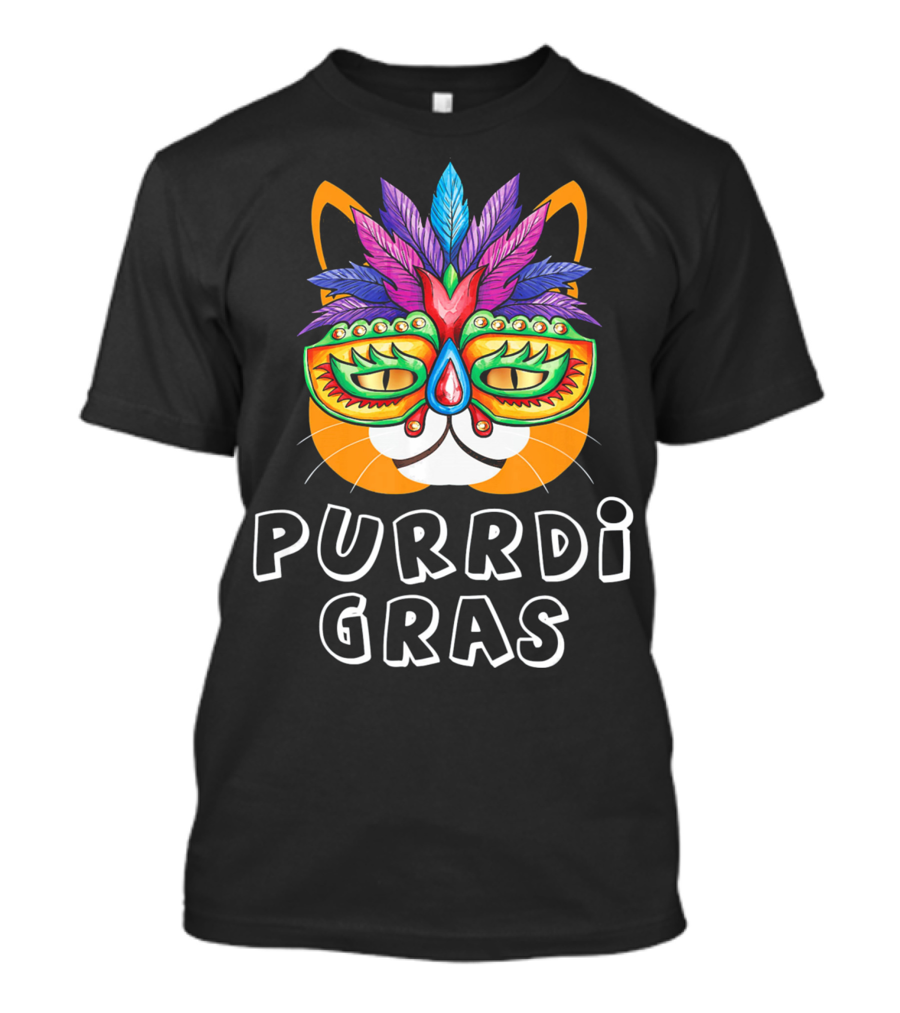 Purrdi Gras Funny Cat Mardi Gras Mask Feathers T-Shirt