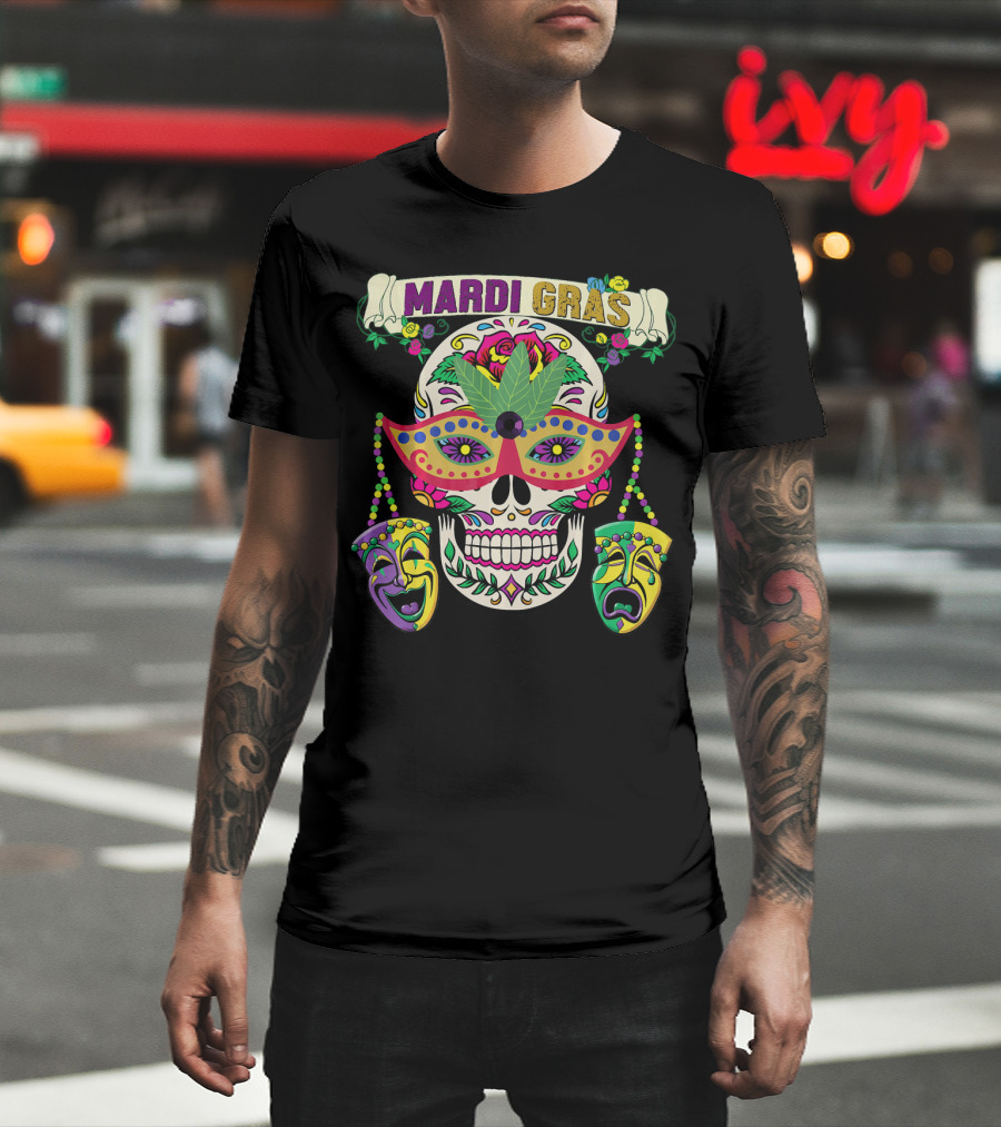 MARDI GRAS Skull Mask Comedy Tragedy New Orlea T-Shirt
