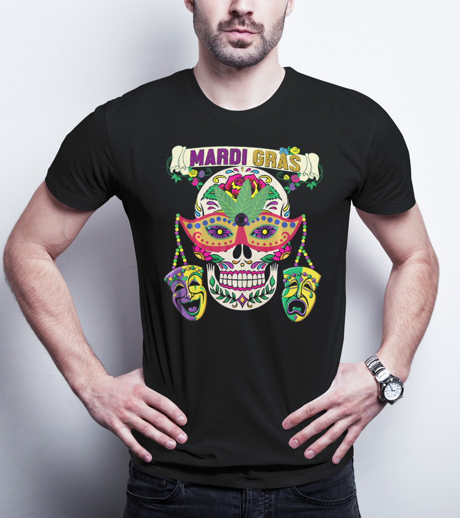 MARDI GRAS Skull Mask Comedy Tragedy New Orlea T-Shirt