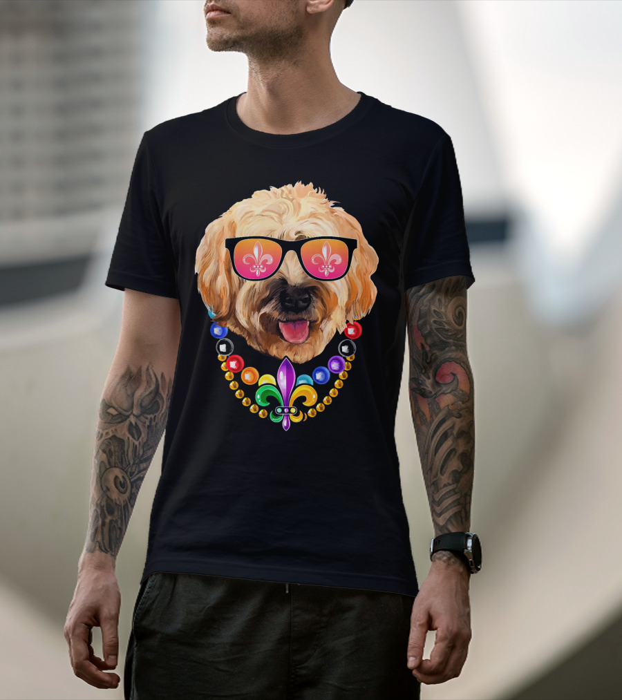 Goldendoodle Mardi Gras Beads Sunglasses Fleur-de-Lis T-Shirt
