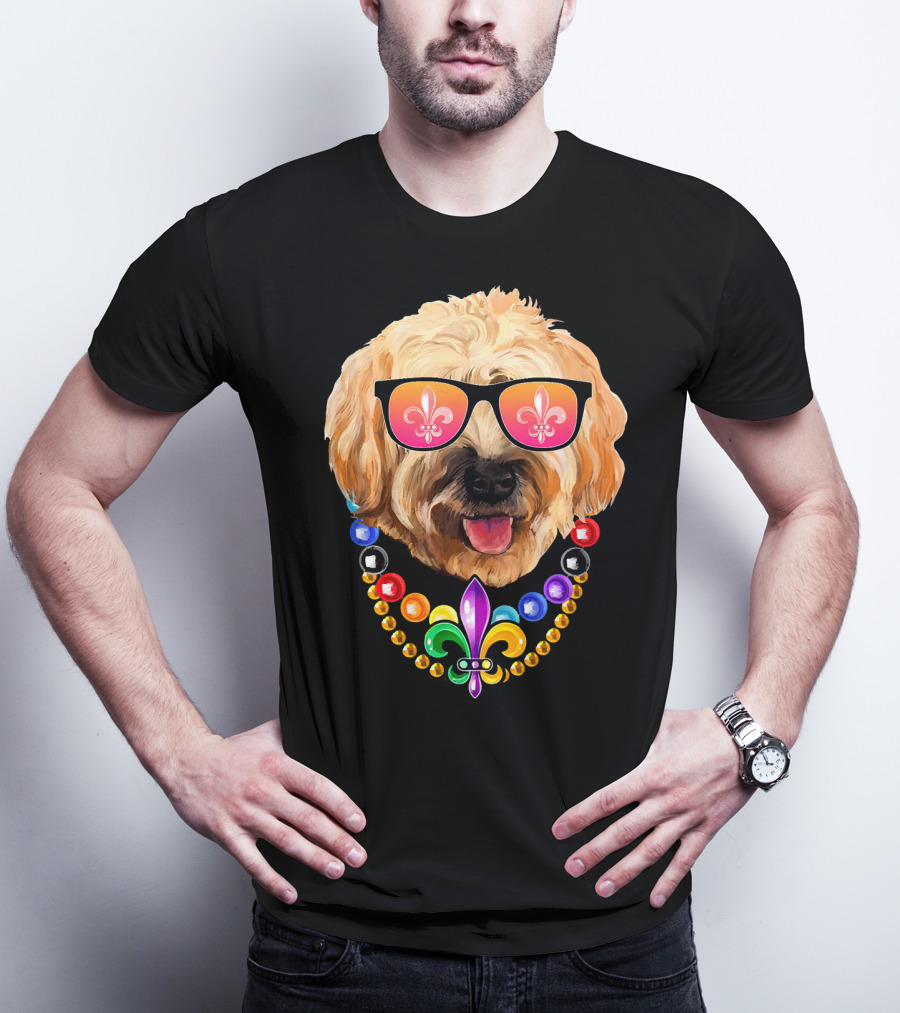 Goldendoodle Mardi Gras Beads Sunglasses Fleur-de-Lis T-Shirt