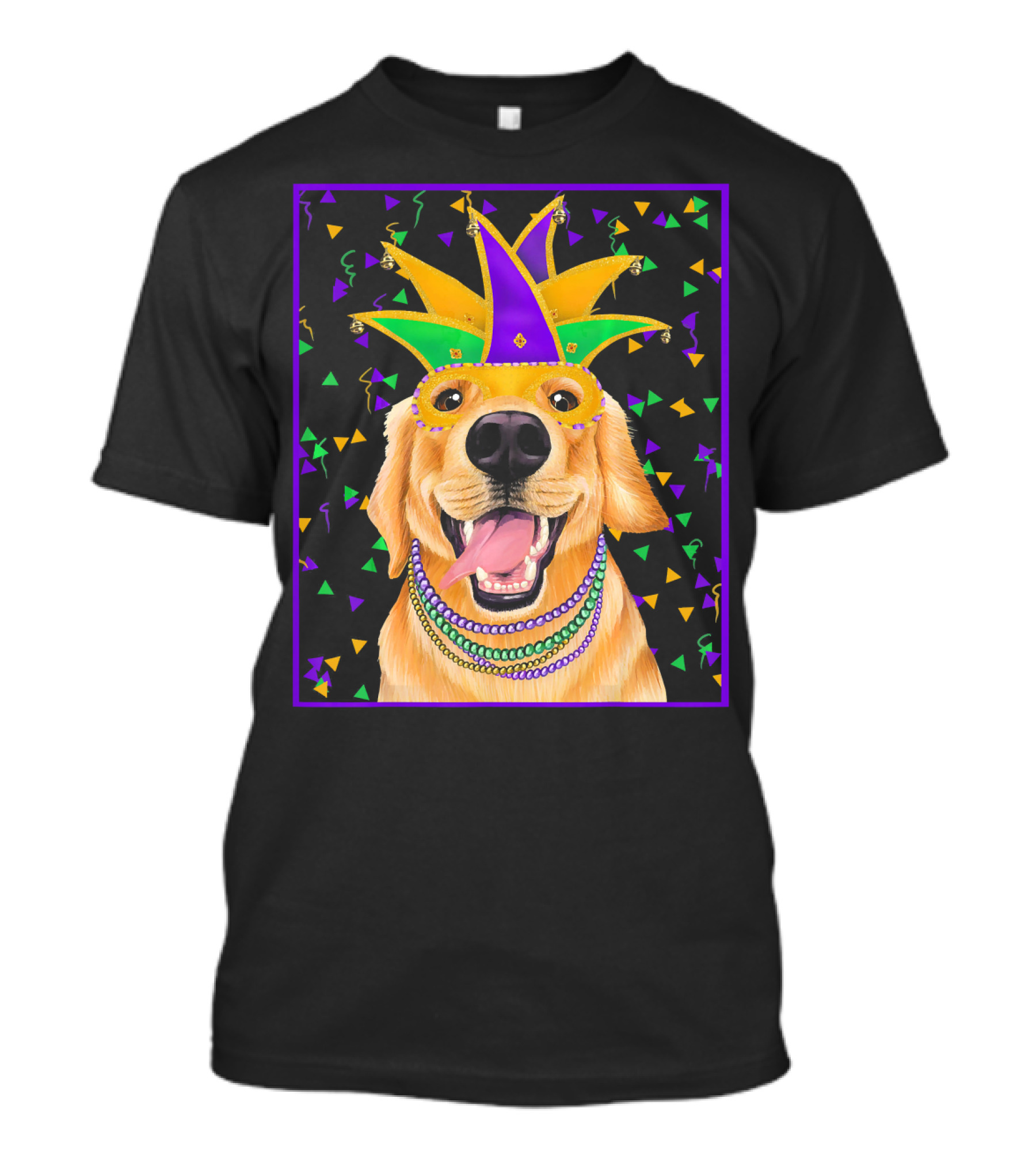 Mardi Gras Golden Retriever Wearing Colorful Jester Mask And Beads T-Shirt