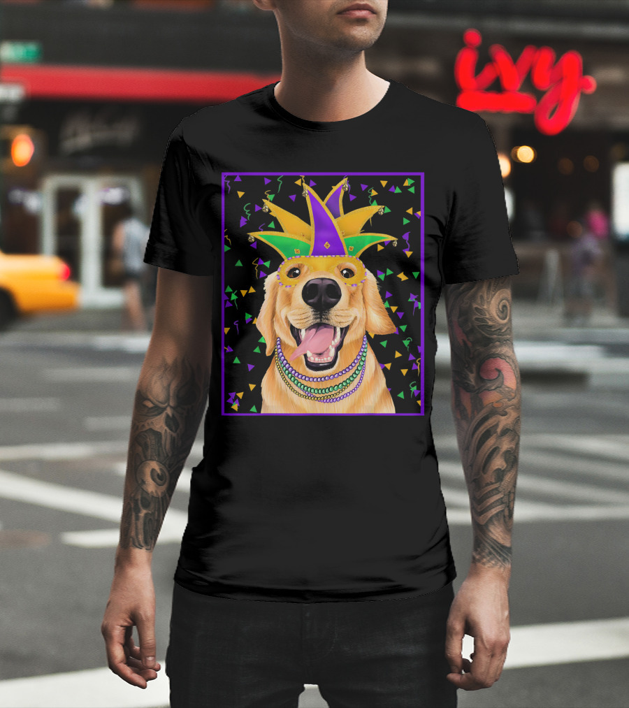 Mardi Gras Golden Retriever Wearing Colorful Jester Mask And Beads T-Shirt