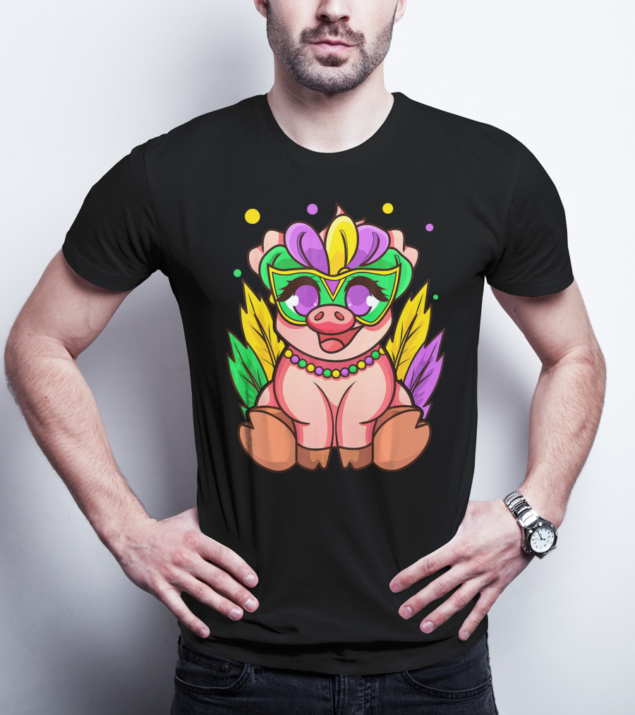 Cute Mardi Gras Pig With Colorful Mardi Gras Mask And Beads T-Shirt