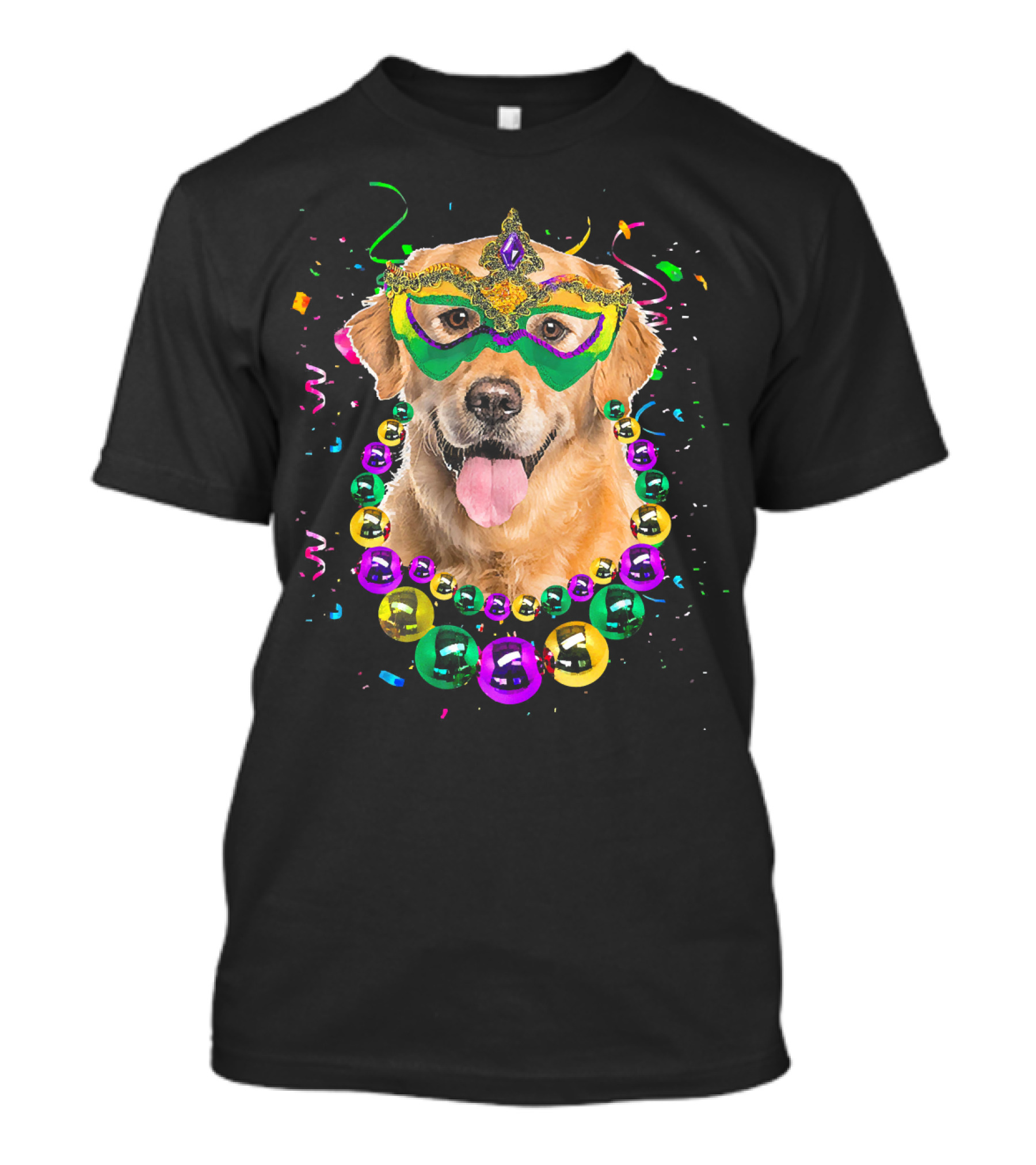 Golden Retriever With Mardi Gras Mask And Beads T-Shirt