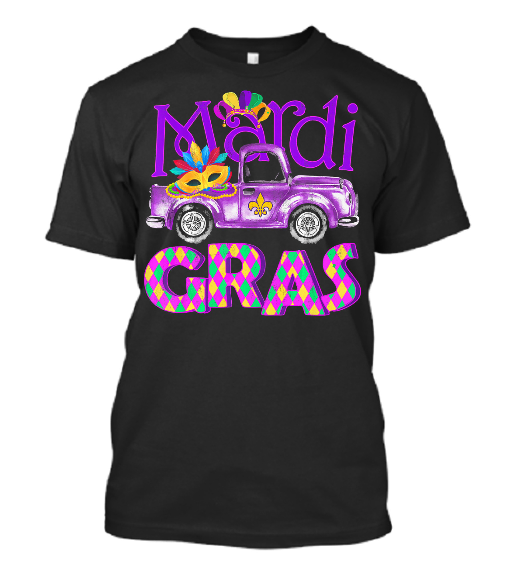 Mardi Gras Truck Mask With Colorful Feathered Costume T-Shirt