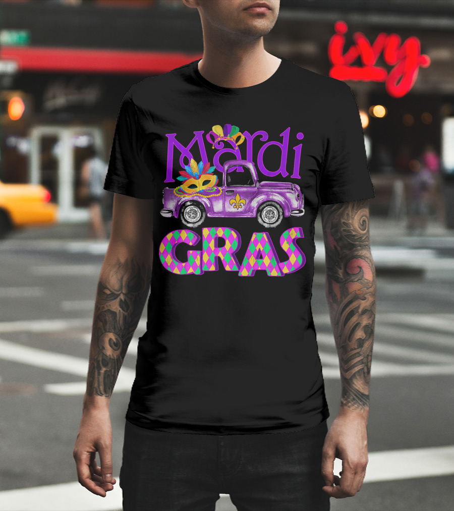 Mardi Gras Truck Mask With Colorful Feathered Costume T-Shirt