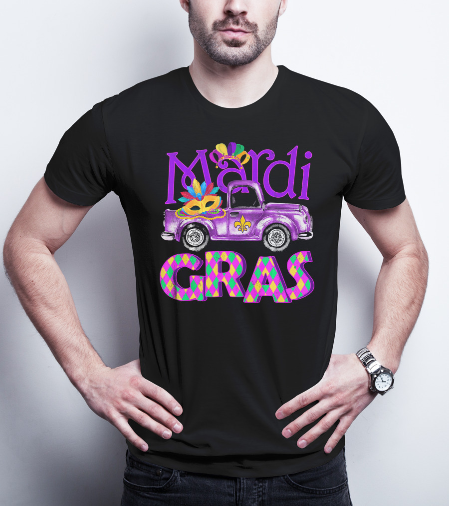 Mardi Gras Truck Mask With Colorful Feathered Costume T-Shirt