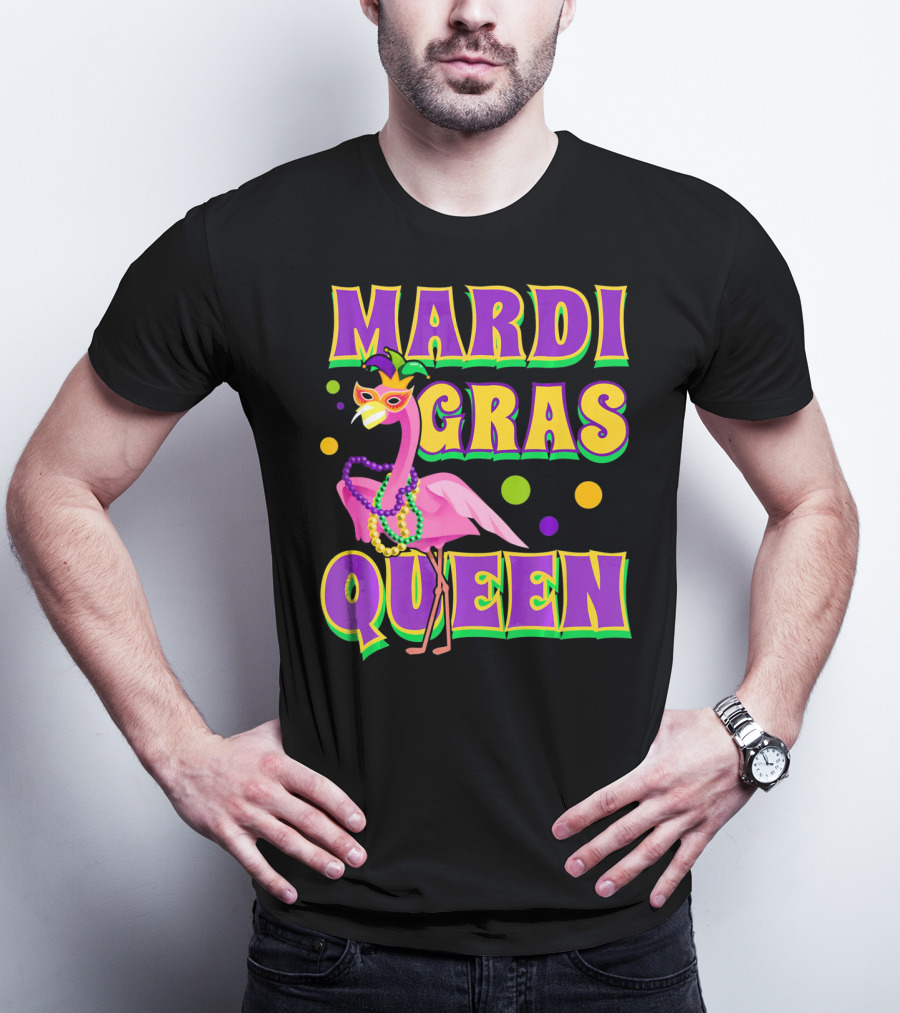 Mardi Gras Queen Fabulous Flamingo Beads And Mask T-Shirt