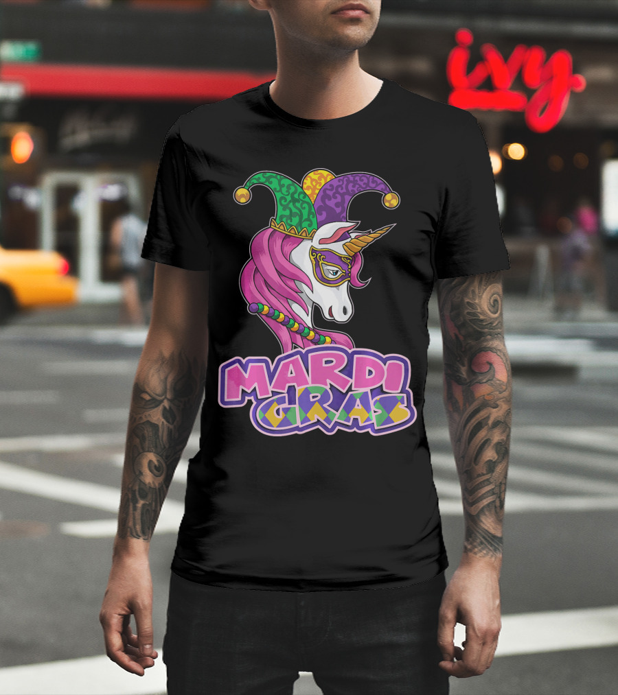 Mardi Gras Unicorn Jester Mask Carnival Lover T-Shirt