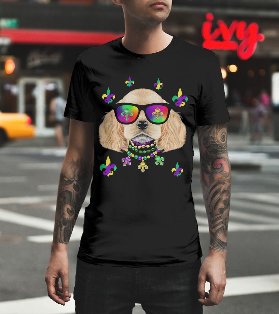Dog Wearing Mardi Gras Beads And Sunglasses With Fleur-de-Lis T-Shirt
