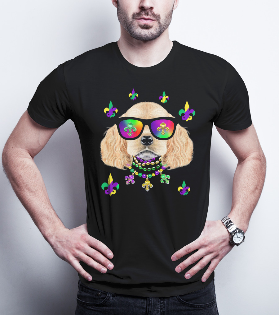 Dog Wearing Mardi Gras Beads And Sunglasses With Fleur-de-Lis T-Shirt
