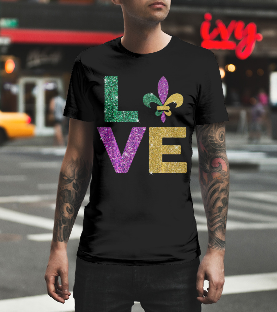 LOVE Mardi Gras Carnival Fleur-de-Lis Glitter T-Shirt