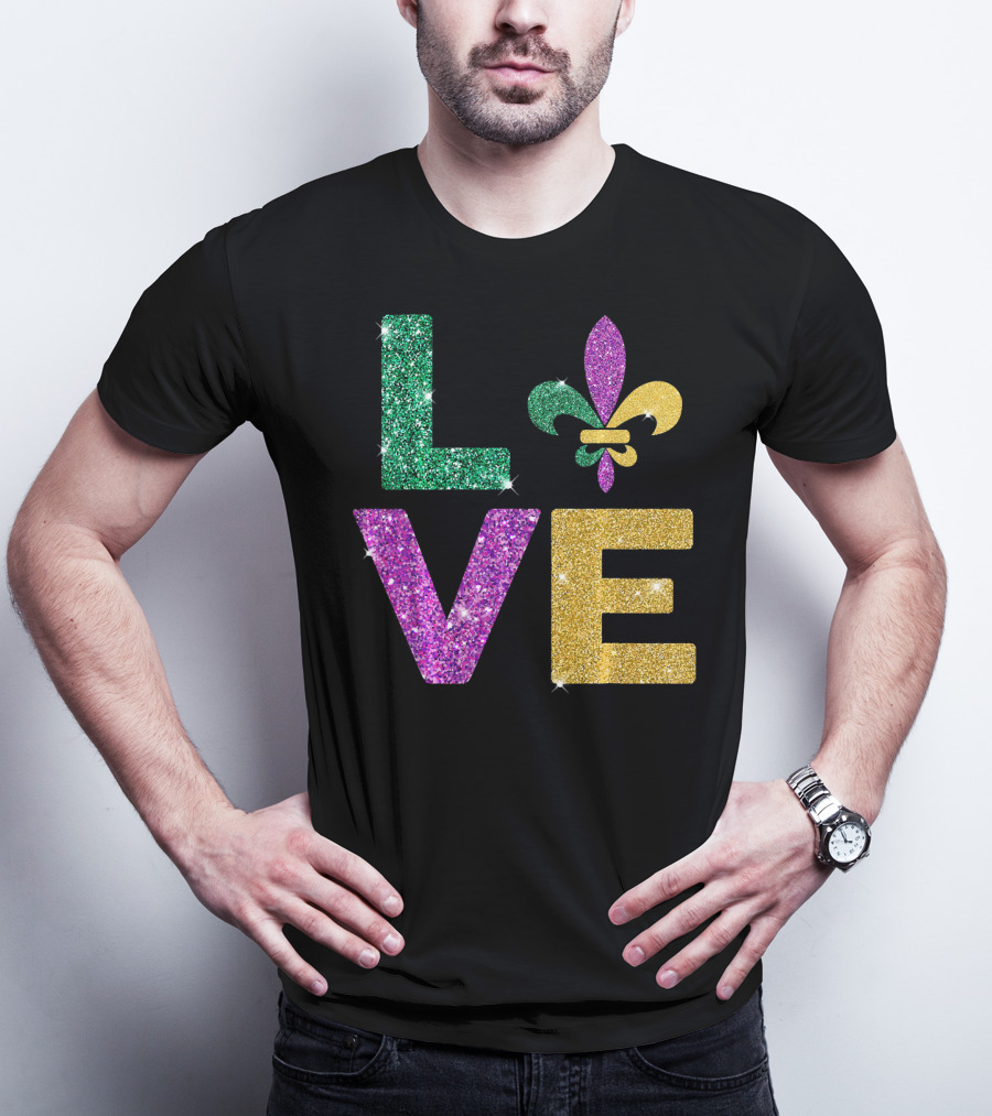 LOVE Mardi Gras Carnival Fleur-de-Lis Glitter T-Shirt