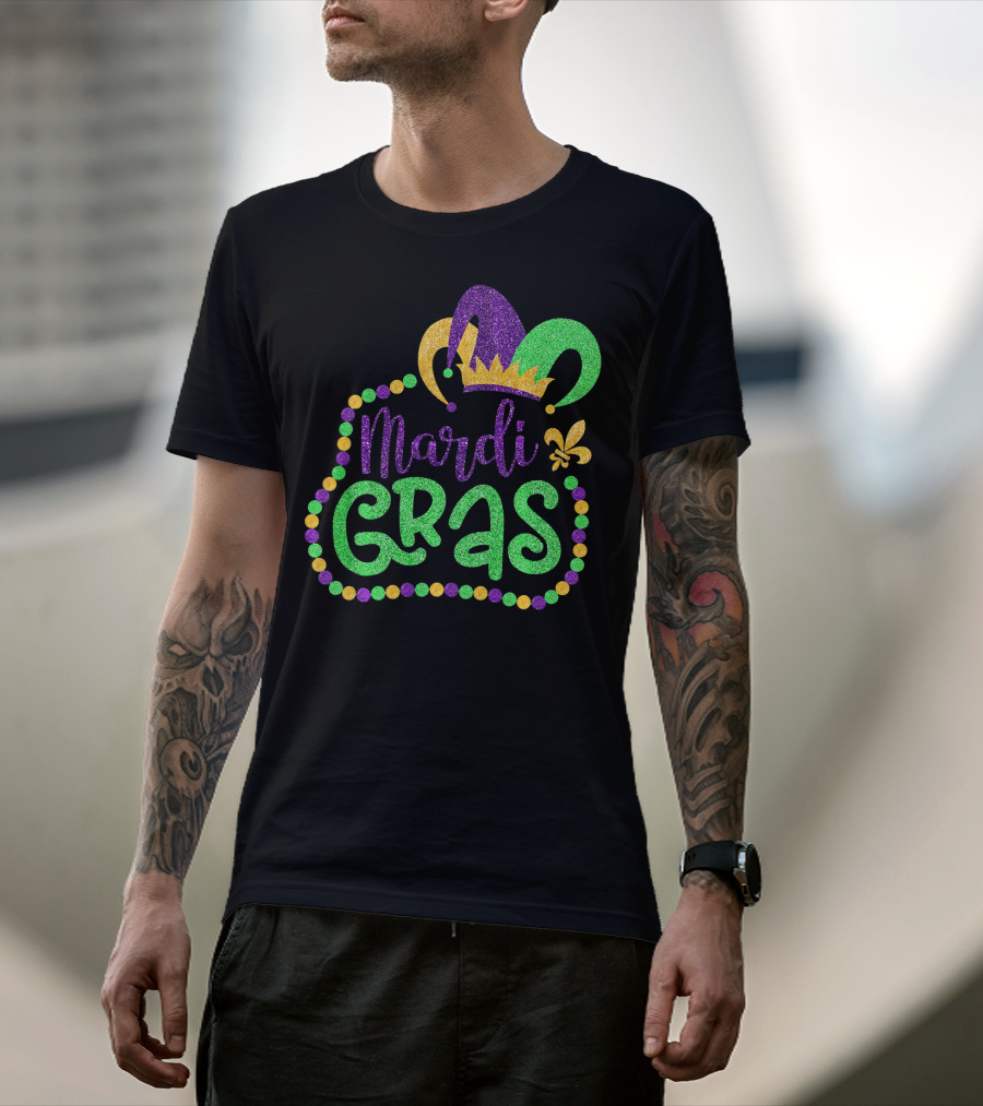 Mardi Gras Glitter Jester Hat Fleur De Lis T-Shirt