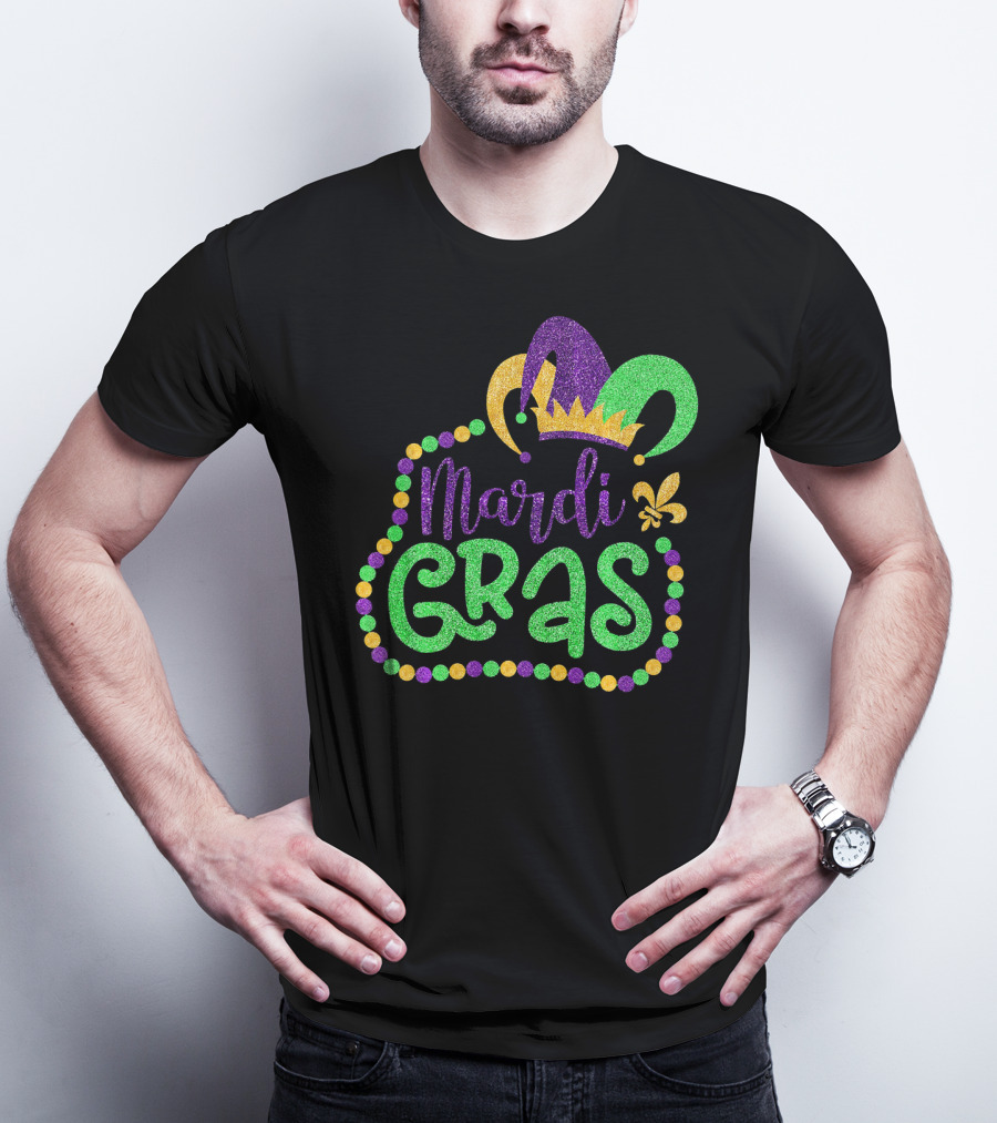 Mardi Gras Glitter Jester Hat Fleur De Lis T-Shirt