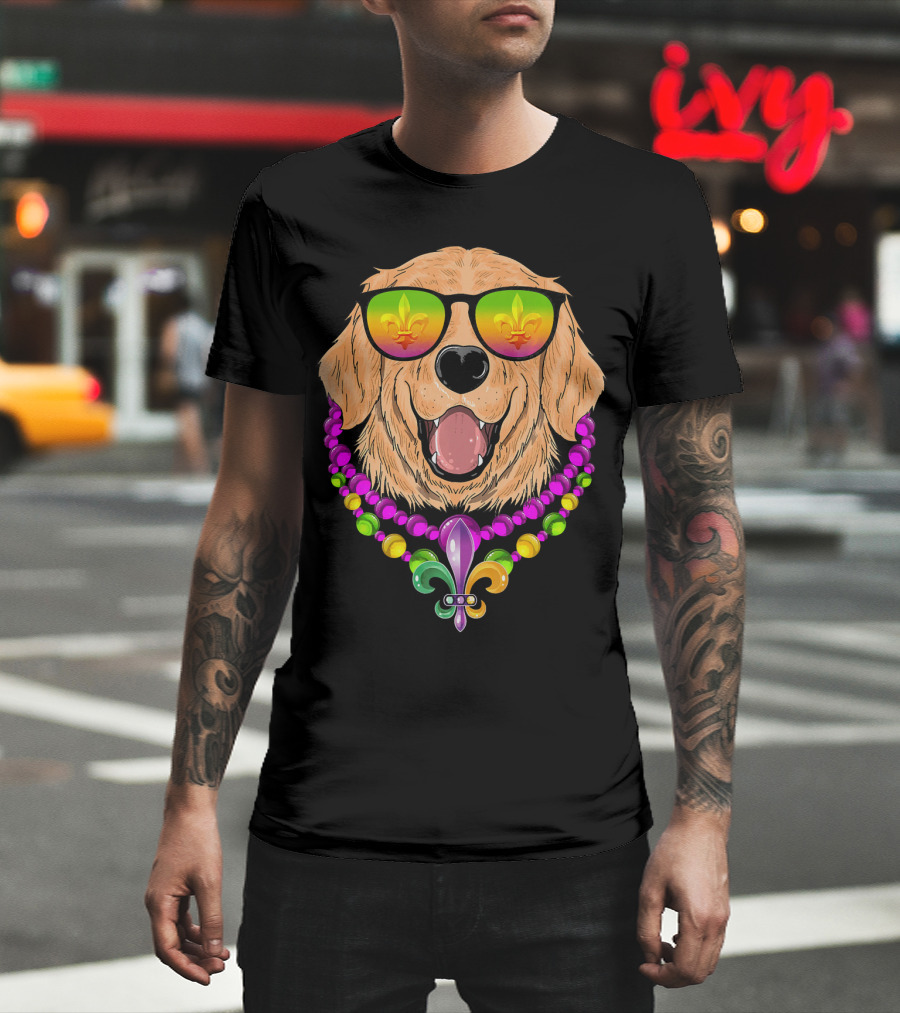 Golden Retriever With Fleur-de-Lis Beads And Sunglasses Mardi Gras T-Shirt