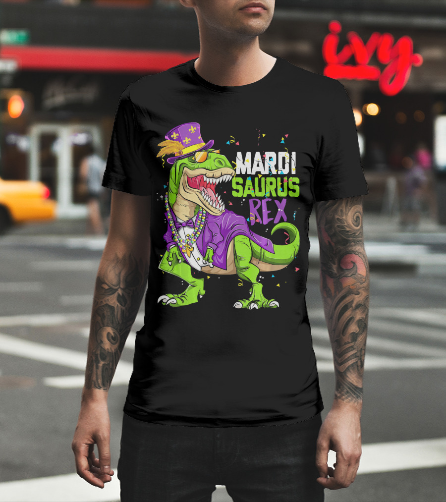 Mardi Saurus Rex Dinosaur Mardi Gras Confetti Fleur-de-lis Beads Hat T-Shirt