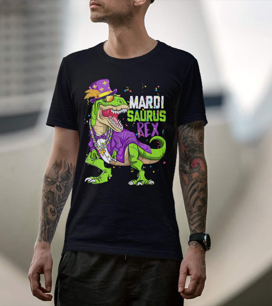 Mardi Saurus Rex Dinosaur Mardi Gras Confetti Fleur-de-lis Beads Hat T-Shirt