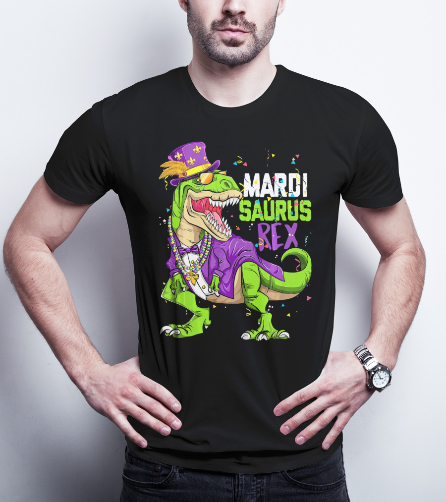 Mardi Saurus Rex Dinosaur Mardi Gras Confetti Fleur-de-lis Beads Hat T-Shirt