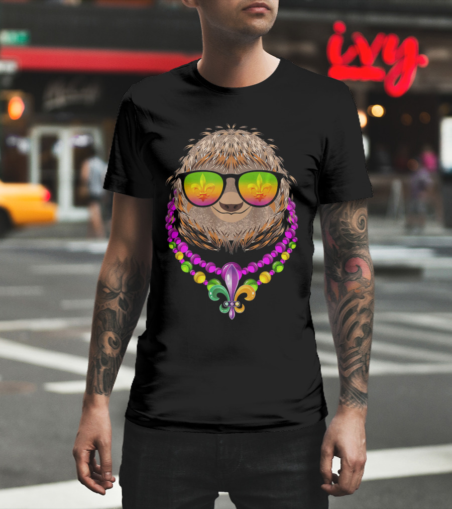 Sloth Wearing Sunglasses With Fleur De Lis And Mardi Gras Beads T-Shirt