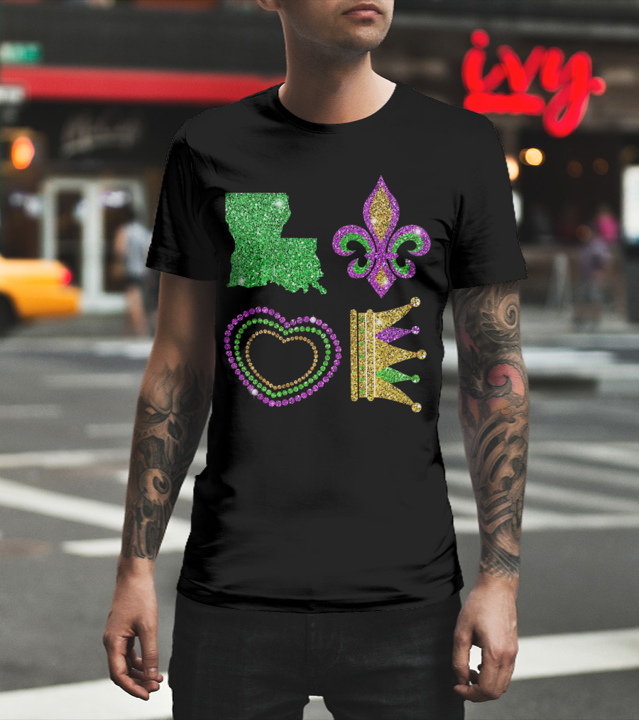 Love Mardi Gras Funny New Orleans Mardi Louisiana Glitter Fleur-de-Lis Heart Crown T-Shirt