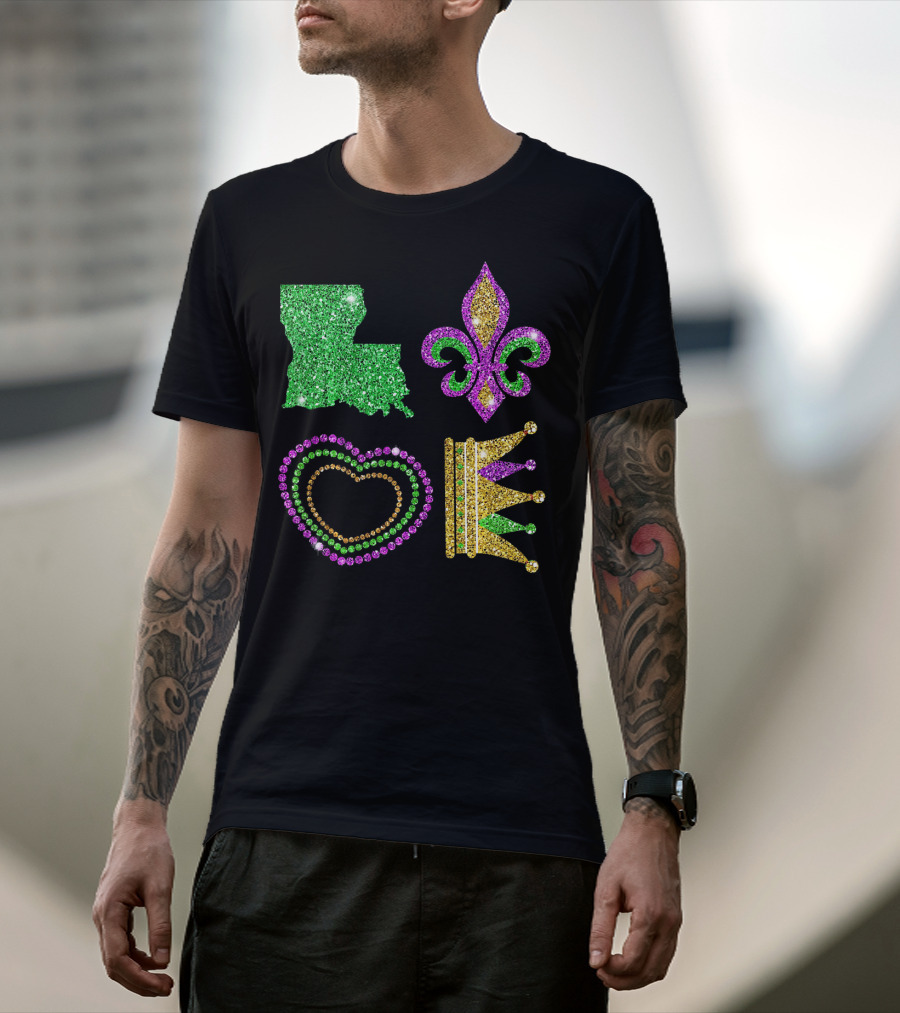 Love Mardi Gras Funny New Orleans Mardi Louisiana Glitter Fleur-de-Lis Heart Crown T-Shirt