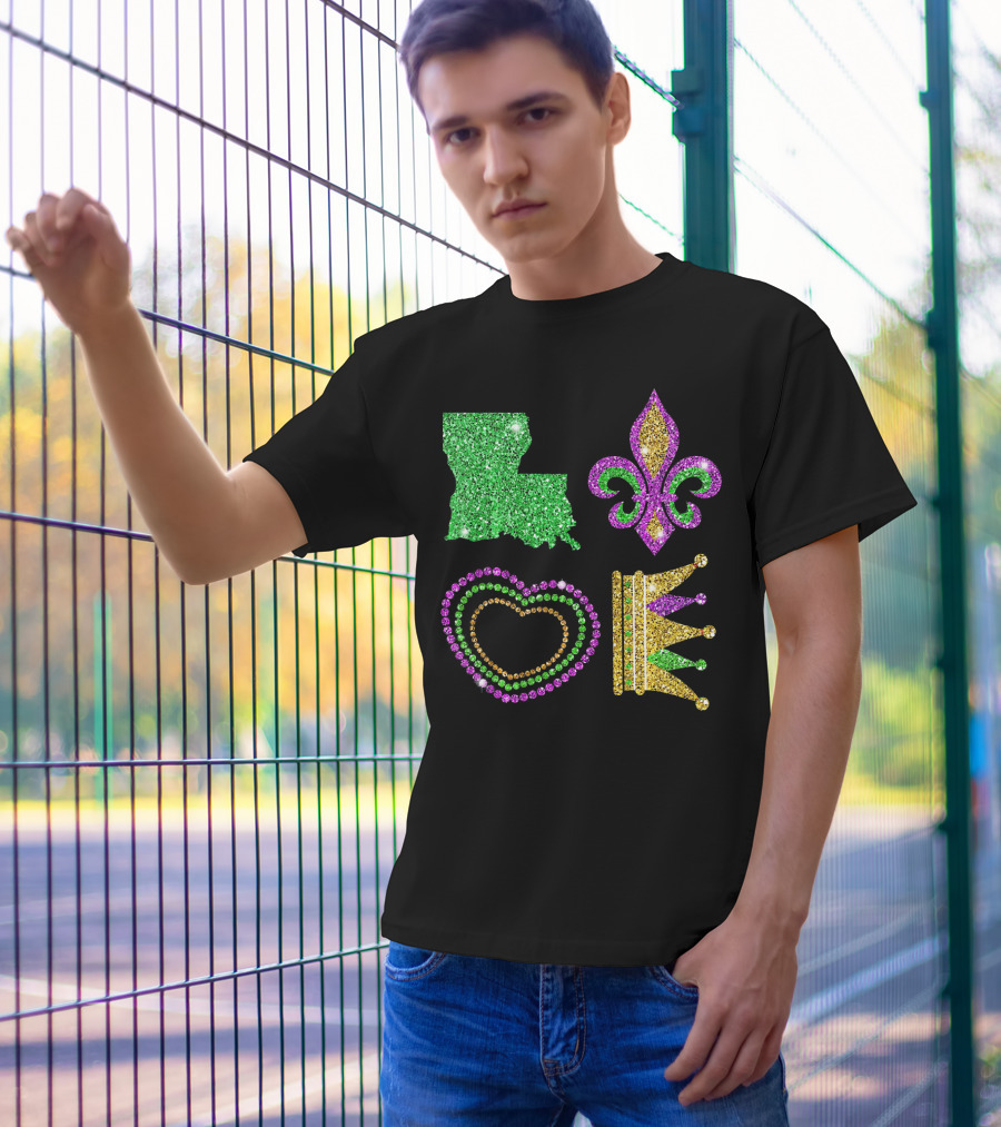 Love Mardi Gras Funny New Orleans Mardi Louisiana Glitter Fleur-de-Lis Heart Crown T-Shirt